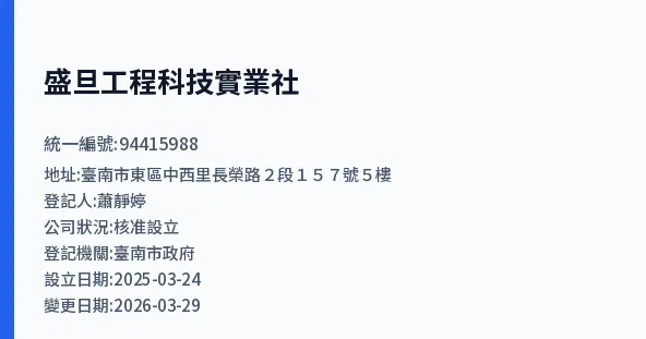 盛旦工程科技實業社的照片-統編 94415988(臺南市) 公司登記資料與營業項目詳細圖表