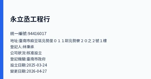 永立丞工程行的照片-統編 94416017(臺南市) 公司登記資料與營業項目詳細圖表