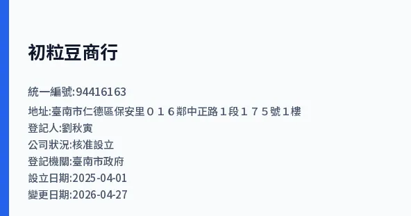 初粒豆商行的照片-統編 94416163(臺南市) 公司登記資料與營業項目詳細圖表