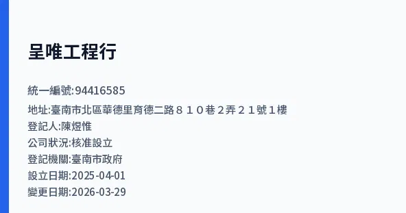 呈唯工程行的照片-統編 94416585(臺南市) 公司登記資料與營業項目詳細圖表