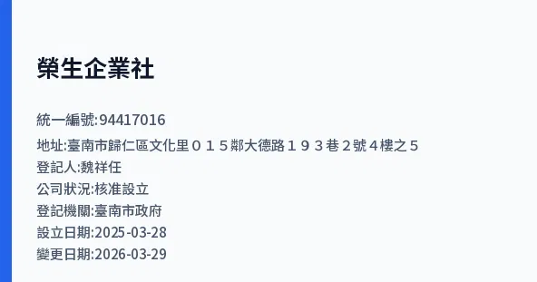 榮生企業社的照片-統編 94417016(臺南市) 公司登記資料與營業項目詳細圖表