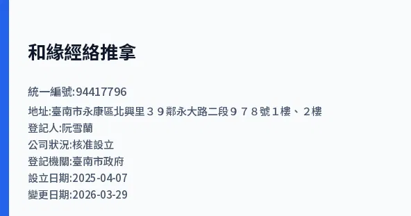 和緣經絡推拿的照片-統編 94417796(臺南市) 公司登記資料與營業項目詳細圖表