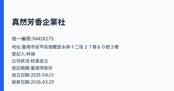 真然芳香企業社的照片-統編 94418275(臺南市) 公司登記資料與營業項目詳細圖表