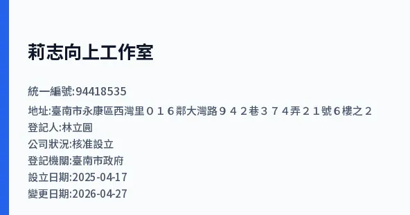 莉志向上工作室的照片-統編 94418535(臺南市) 公司登記資料與營業項目詳細圖表