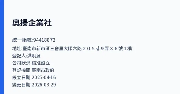 奧揚企業社的照片-統編 94418872(臺南市) 公司登記資料與營業項目詳細圖表