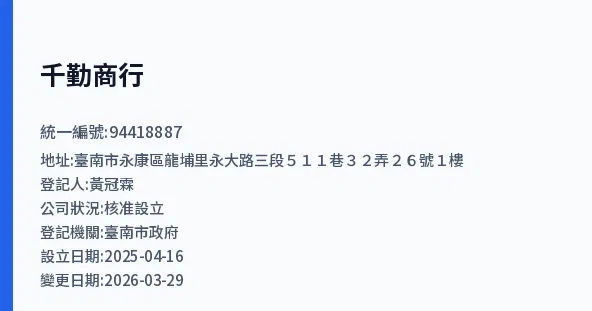 千勤商行的照片-統編 94418887(臺南市) 公司登記資料與營業項目詳細圖表