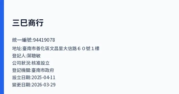 三巳商行的照片-統編 94419078(臺南市) 公司登記資料與營業項目詳細圖表