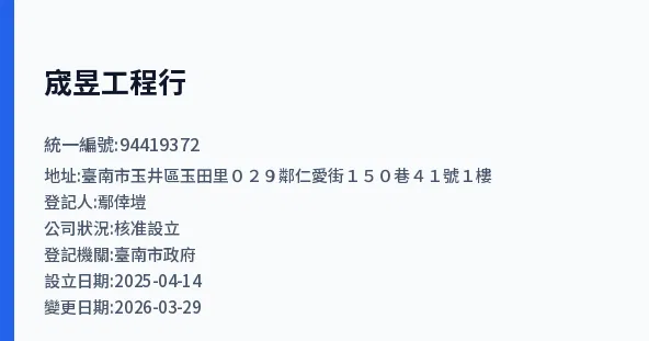 宬昱工程行的照片-統編 94419372(臺南市) 公司登記資料與營業項目詳細圖表