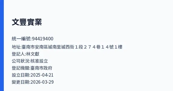 文豐實業的照片-統編 94419400(臺南市) 公司登記資料與營業項目詳細圖表