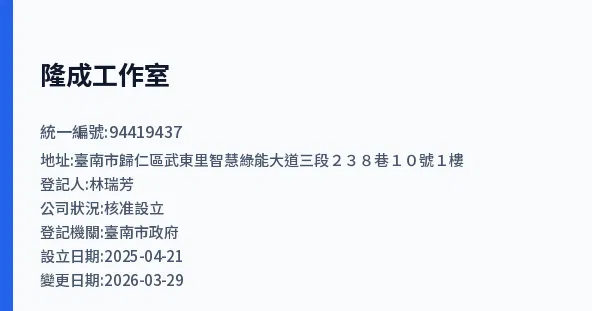 隆成工作室的照片-統編 94419437(臺南市) 公司登記資料與營業項目詳細圖表