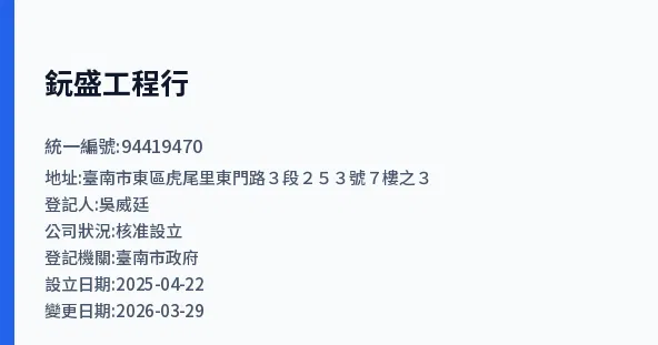 鈨盛工程行的照片-統編 94419470(臺南市) 公司登記資料與營業項目詳細圖表