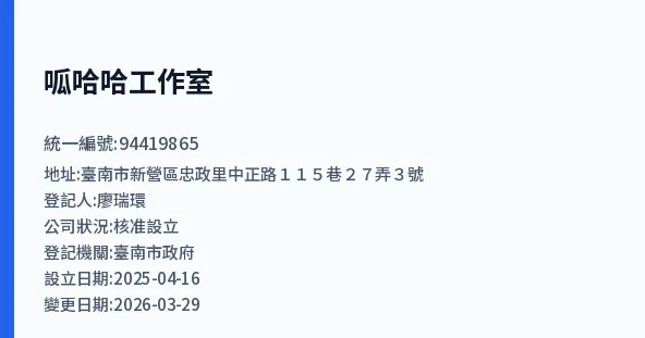 呱哈哈工作室的照片-統編 94419865(臺南市) 公司登記資料與營業項目詳細圖表