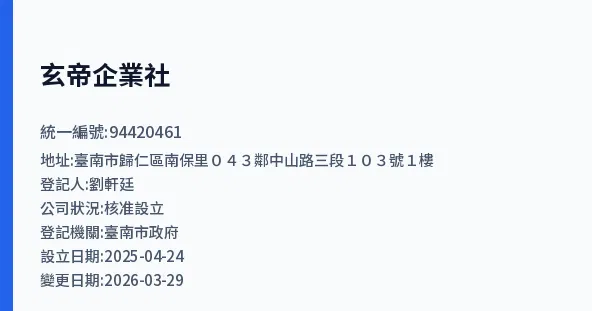 玄帝企業社的照片-統編 94420461(臺南市) 公司登記資料與營業項目詳細圖表