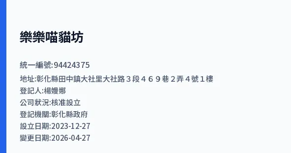 樂樂喵貓坊的照片-統編 94424375(彰化縣) 公司登記資料與營業項目詳細圖表