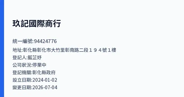 玖記國際商行的照片-統編 94424776(彰化縣) 公司登記資料與營業項目詳細圖表
