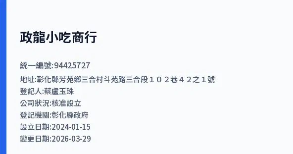 政龍小吃商行的照片-統編 94425727(彰化縣) 公司登記資料與營業項目詳細圖表