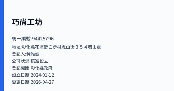 巧尚工坊的照片-統編 94425796(彰化縣) 公司登記資料與營業項目詳細圖表