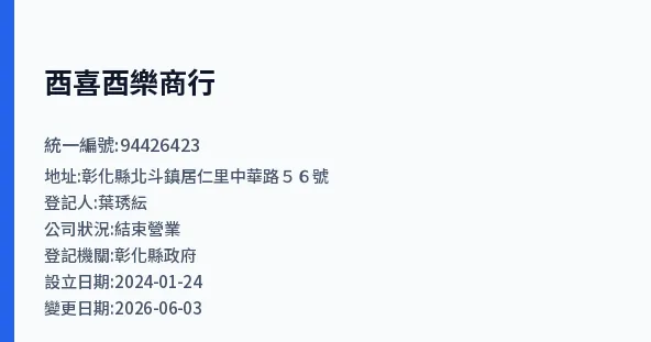 酉喜酉樂商行的照片-統編 94426423(彰化縣) 公司登記資料與營業項目詳細圖表