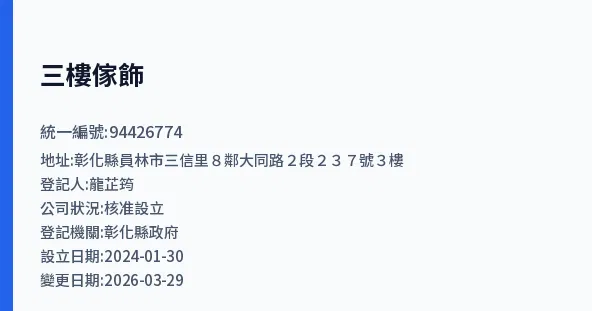 三樓傢飾的照片-統編 94426774(彰化縣) 公司登記資料與營業項目詳細圖表