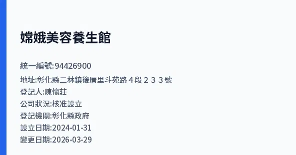 嫦娥美容養生館的照片-統編 94426900(彰化縣) 公司登記資料與營業項目詳細圖表
