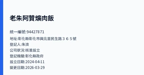 老朱阿贊爌肉飯的照片-統編 94427871(彰化縣) 公司登記資料與營業項目詳細圖表