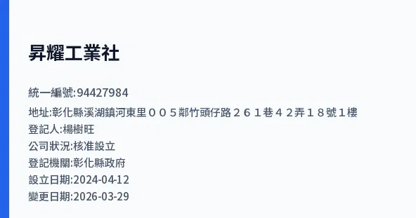 昇耀工業社的照片-統編 94427984(彰化縣) 公司登記資料與營業項目詳細圖表