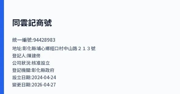 同雲記商號的照片-統編 94428983(彰化縣) 公司登記資料與營業項目詳細圖表