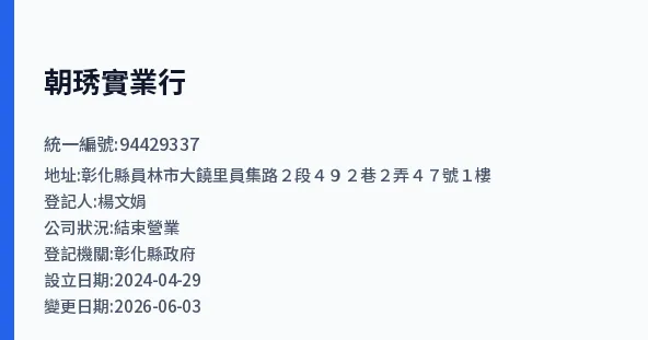 朝琇實業行的照片-統編 94429337(彰化縣) 公司登記資料與營業項目詳細圖表