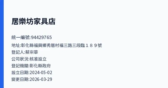 居樂坊家具店的照片-統編 94429765(彰化縣) 公司登記資料與營業項目詳細圖表