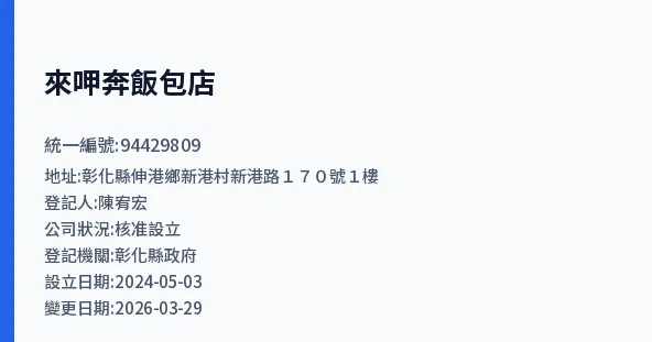 來呷奔飯包店的照片-統編 94429809(彰化縣) 公司登記資料與營業項目詳細圖表