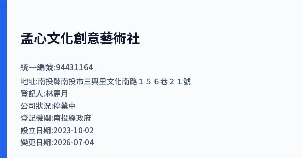 孟心文化創意藝術社的照片-統編 94431164(南投縣) 公司登記資料與營業項目詳細圖表