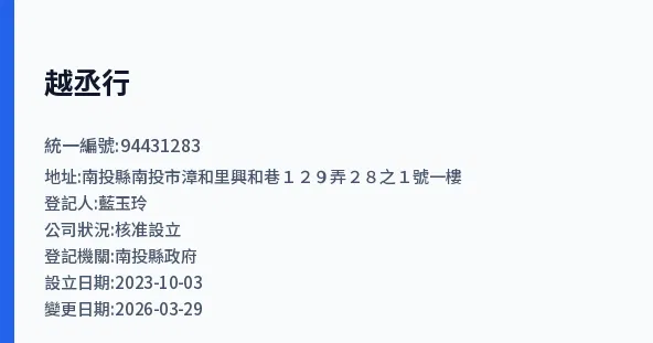 越丞行的照片-統編 94431283(南投縣) 公司登記資料與營業項目詳細圖表