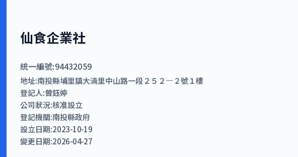 仙食企業社的照片-統編 94432059(南投縣) 公司登記資料與營業項目詳細圖表