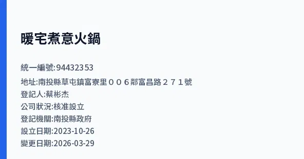 暖宅煮意火鍋的照片-統編 94432353(南投縣) 公司登記資料與營業項目詳細圖表