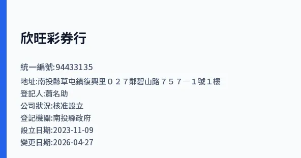 欣旺彩券行的照片-統編 94433135(南投縣) 公司登記資料與營業項目詳細圖表