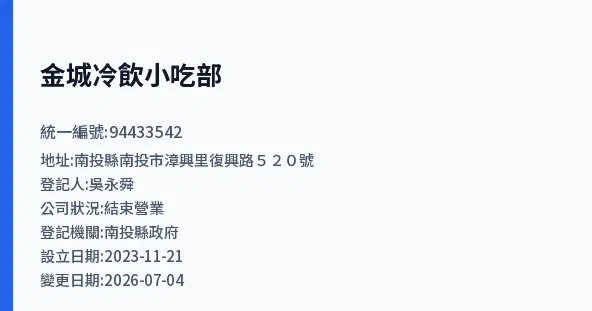 金城冷飲小吃部的照片-統編 94433542(南投縣) 公司登記資料與營業項目詳細圖表