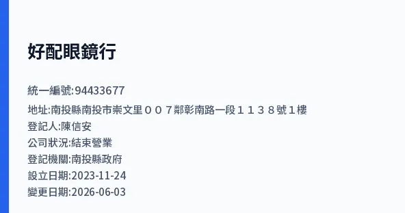 好配眼鏡行的照片-統編 94433677(南投縣) 公司登記資料與營業項目詳細圖表