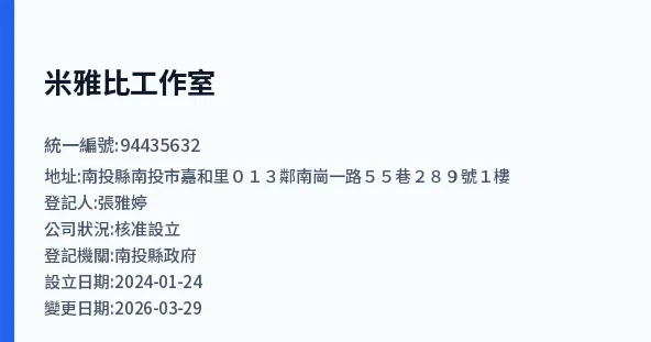 米雅比工作室的照片-統編 94435632(南投縣) 公司登記資料與營業項目詳細圖表