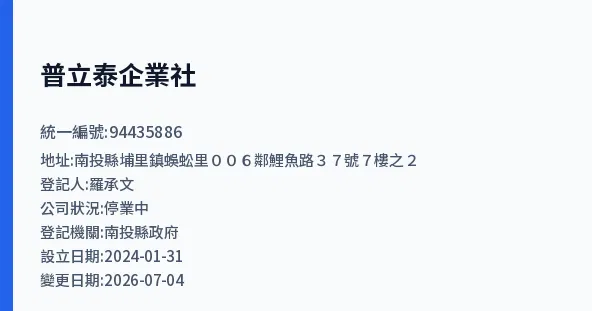 普立泰企業社的照片-統編 94435886(南投縣) 公司登記資料與營業項目詳細圖表