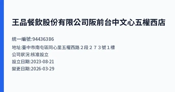 王品餐飲股份有限公司阪前台中文心五權西店的照片-統編 94436386(臺中市) 公司登記資料與營業項目詳細圖表