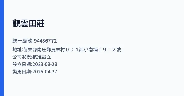 觀雲田莊的照片-統編 94436772(苗栗縣) 公司登記資料與營業項目詳細圖表