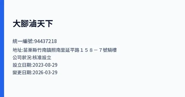 大腳滷天下的照片-統編 94437218(苗栗縣) 公司登記資料與營業項目詳細圖表