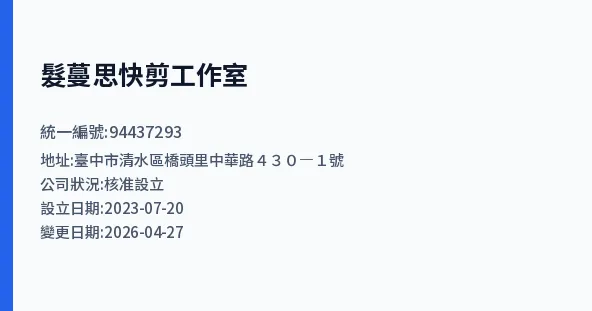 髮蔓思快剪工作室的照片-統編 94437293(臺中市) 公司登記資料與營業項目詳細圖表