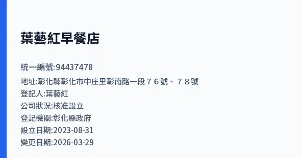 葉藝紅早餐店的照片-統編 94437478(彰化縣) 公司登記資料與營業項目詳細圖表
