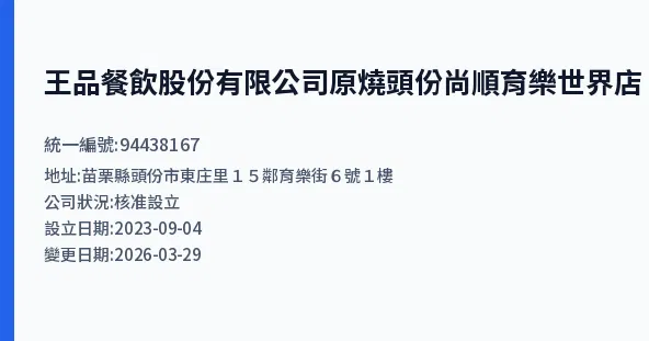 王品餐飲股份有限公司原燒頭份尚順育樂世界店的照片-統編 94438167(苗栗縣) 公司登記資料與營業項目詳細圖表