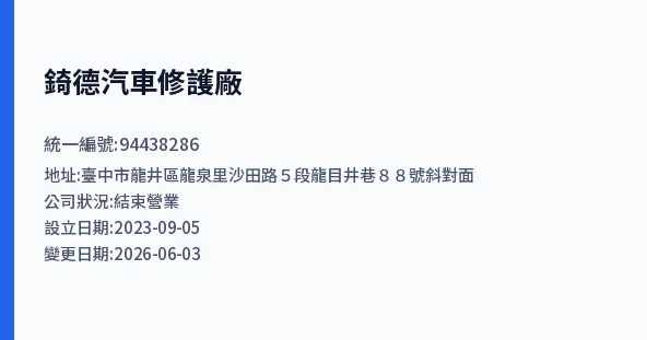 錡德汽車修護廠的照片-統編 94438286(臺中市) 公司登記資料與營業項目詳細圖表