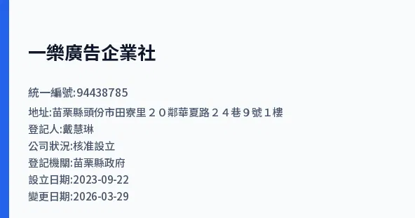 一樂廣告企業社的照片-統編 94438785(苗栗縣) 公司登記資料與營業項目詳細圖表