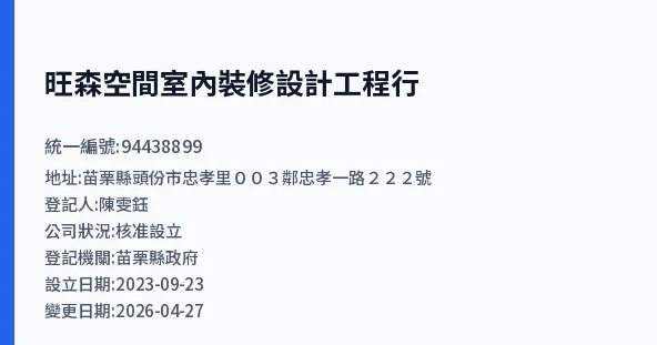 旺森空間室內裝修設計工程行的照片-統編 94438899(苗栗縣) 公司登記資料與營業項目詳細圖表