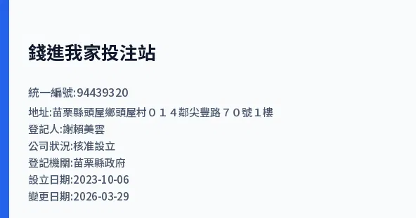 錢進我家投注站的照片-統編 94439320(苗栗縣) 公司登記資料與營業項目詳細圖表