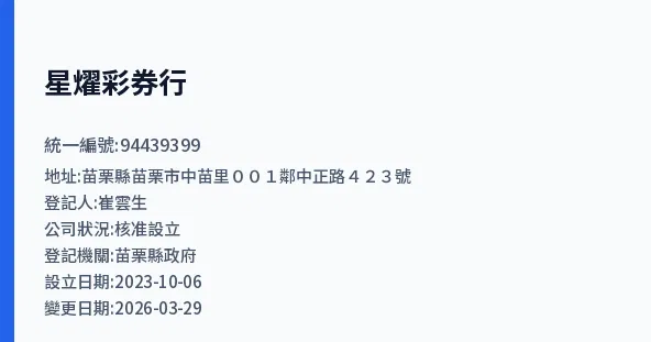 星燿彩券行的照片-統編 94439399(苗栗縣) 公司登記資料與營業項目詳細圖表